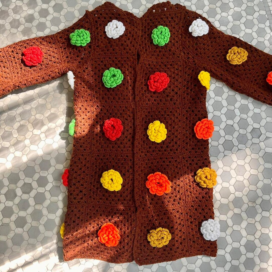 Upcycled Vintage Afghan Sweater Duster Brown Floral Flower Power ...