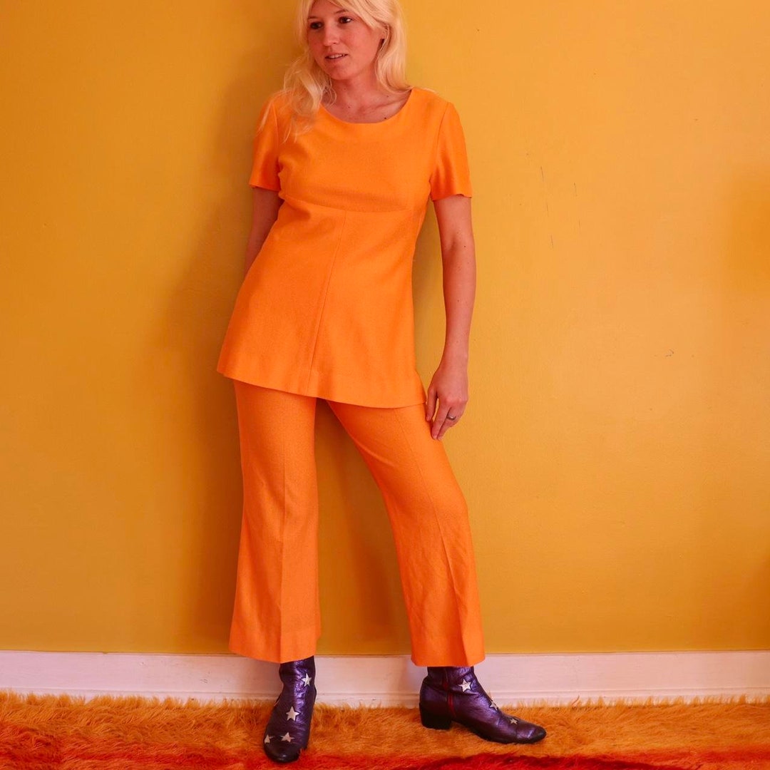 Vintage 1970s Orange Two Piece Set Tunic and High Waisted Flare Pants // Bright Groovy Hippie ...