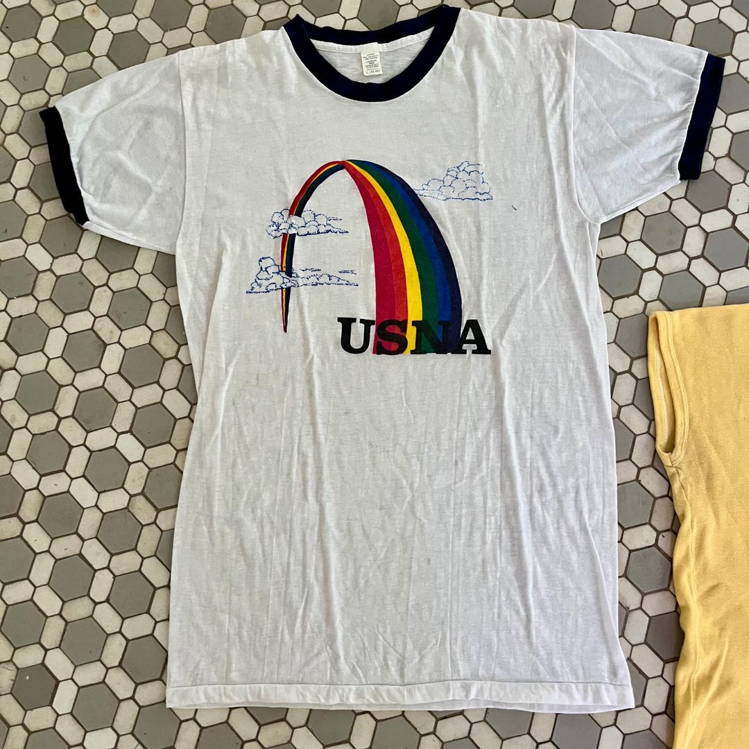 Vintage 1970s 80s USNA Rainbow Ringer Graphic Tee T Shirt Top Short ...