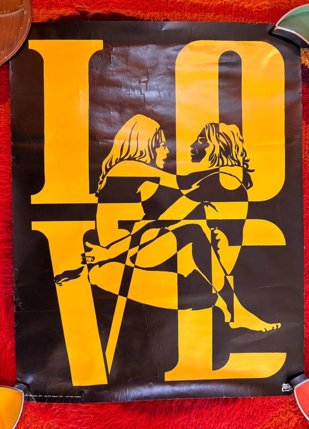 Vintage 1970s Op Art Pop Love Yellow Black Romantic Poster Psychedelic ...