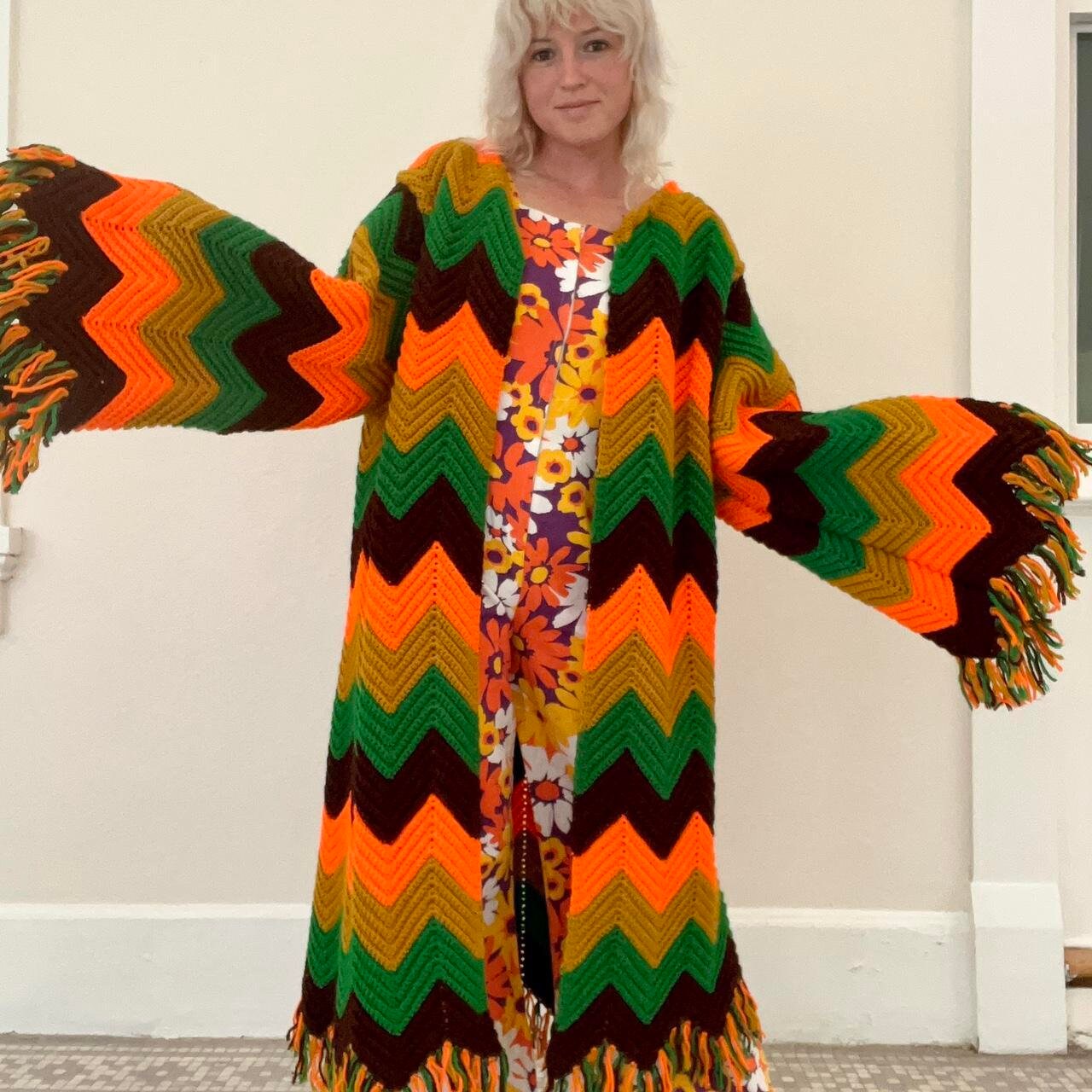 Upcycled Vintage Afghan Sweater Duster Orange Green Brown Zigzag ...