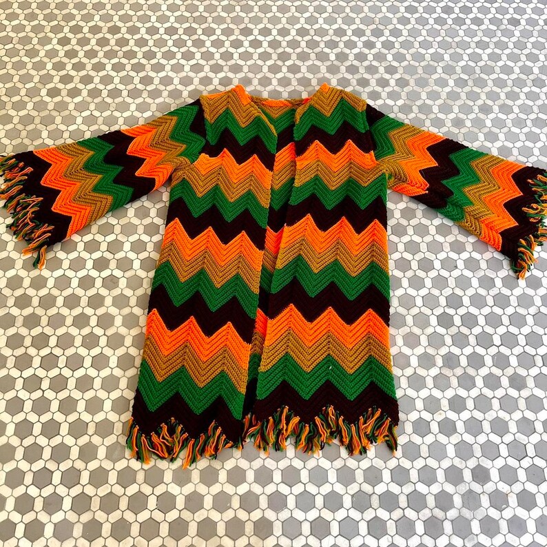 Upcycled Vintage Afghan Sweater Duster Orange Green Brown Zigzag ...