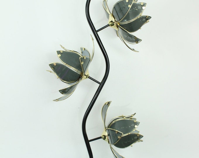 Hollywood Regency Lotus Lamp, Gray Black and Gold Glass Flower Table ...