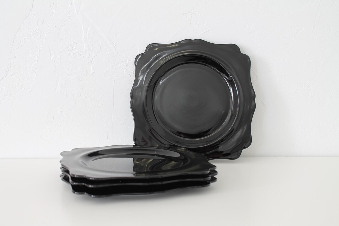 Vintage Black Glass Salad Plates, Fancy Square by New Martinsville ...