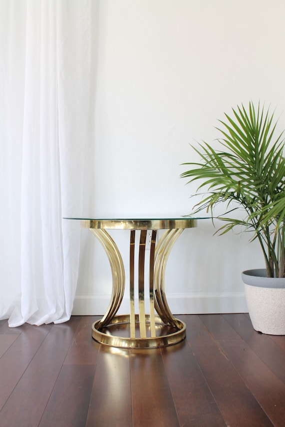 Vintage 80 s Art Deco Brass Side Table Hollywood Regency Gold End Table With Glass Top Etsy