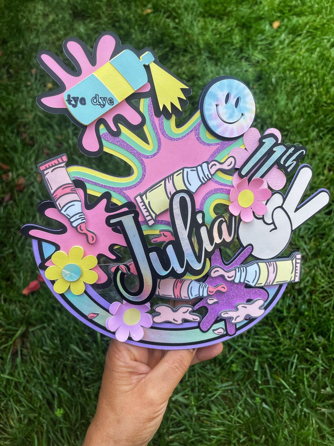 Tie Dye Birthday Banner. Tie Dye Cake Topper, Tie Dye Custom Name. 3d ...