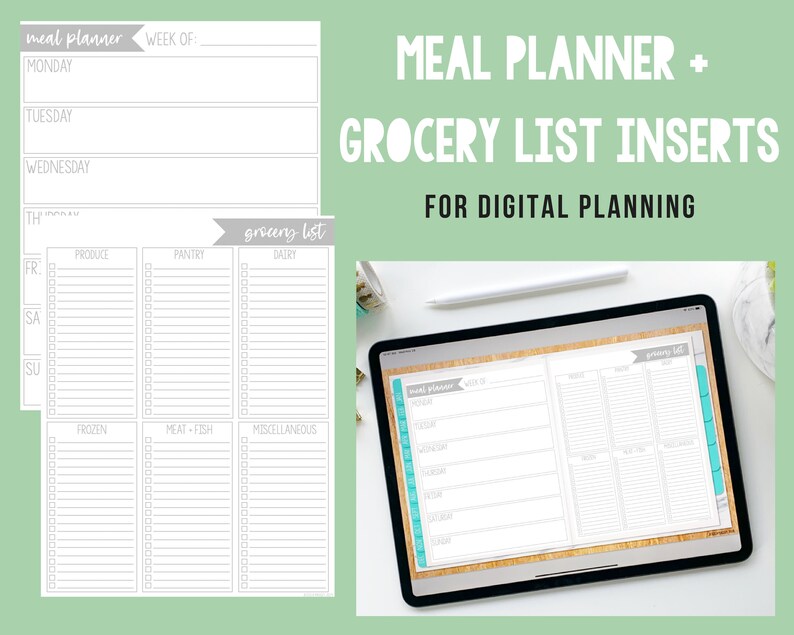 Meal Planner and Grocery List Insert for Digital Planning - Etsy
