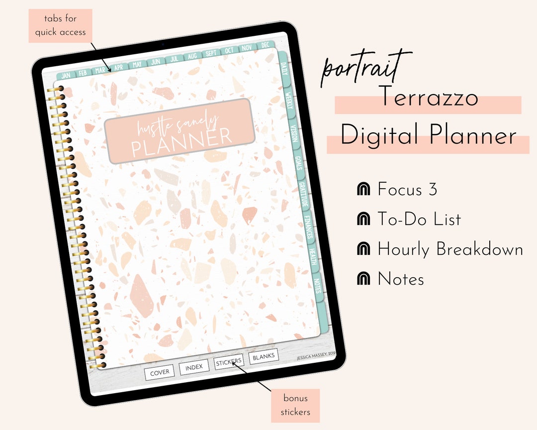 Undated Portrait Digital Planner Terrazzo Design | Hustle Sanely® - Etsy