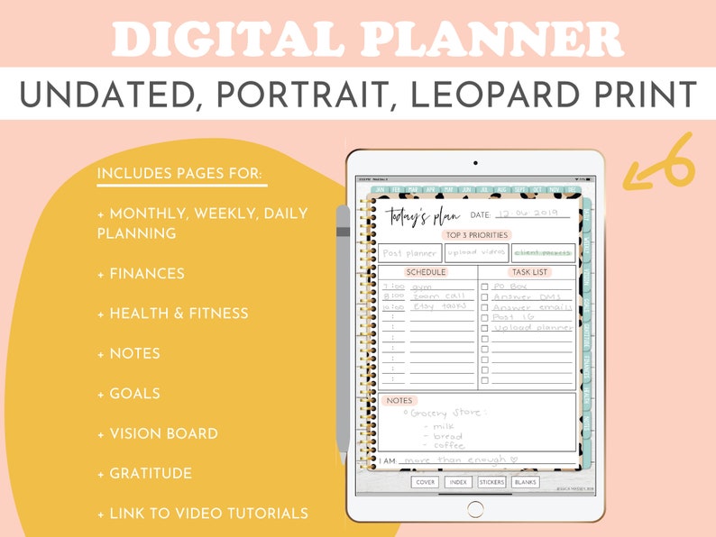 Leopard Print Undated Portrait Digital Planner | Hustle Sanely® - Etsy