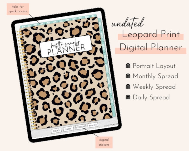 Leopard Print Undated Portrait Digital Planner | Hustle Sanely® - Etsy