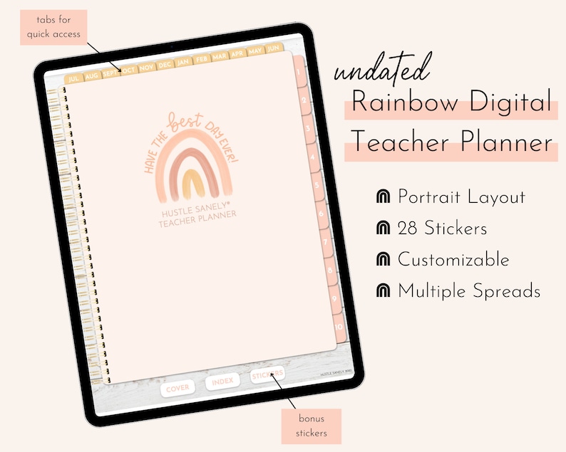 Customizable Boho Rainbow Digital Teacher Planner | Undated Portrait ...