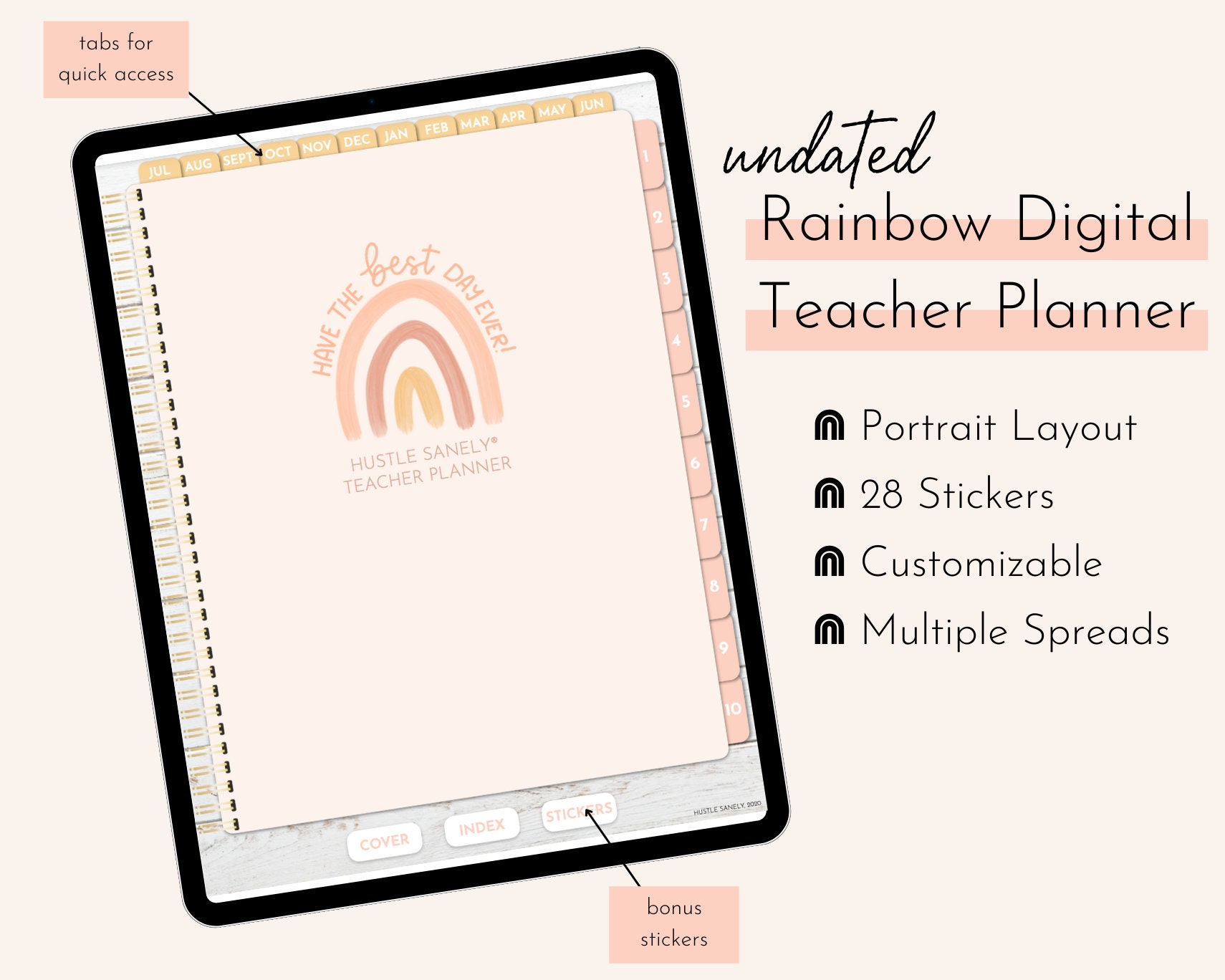 Customizable Boho Rainbow Digital Teacher Planner | Undated Portrait ...