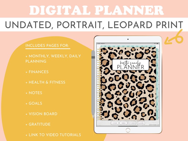 Leopard Print Undated Portrait Digital Planner | Hustle Sanely® - Etsy