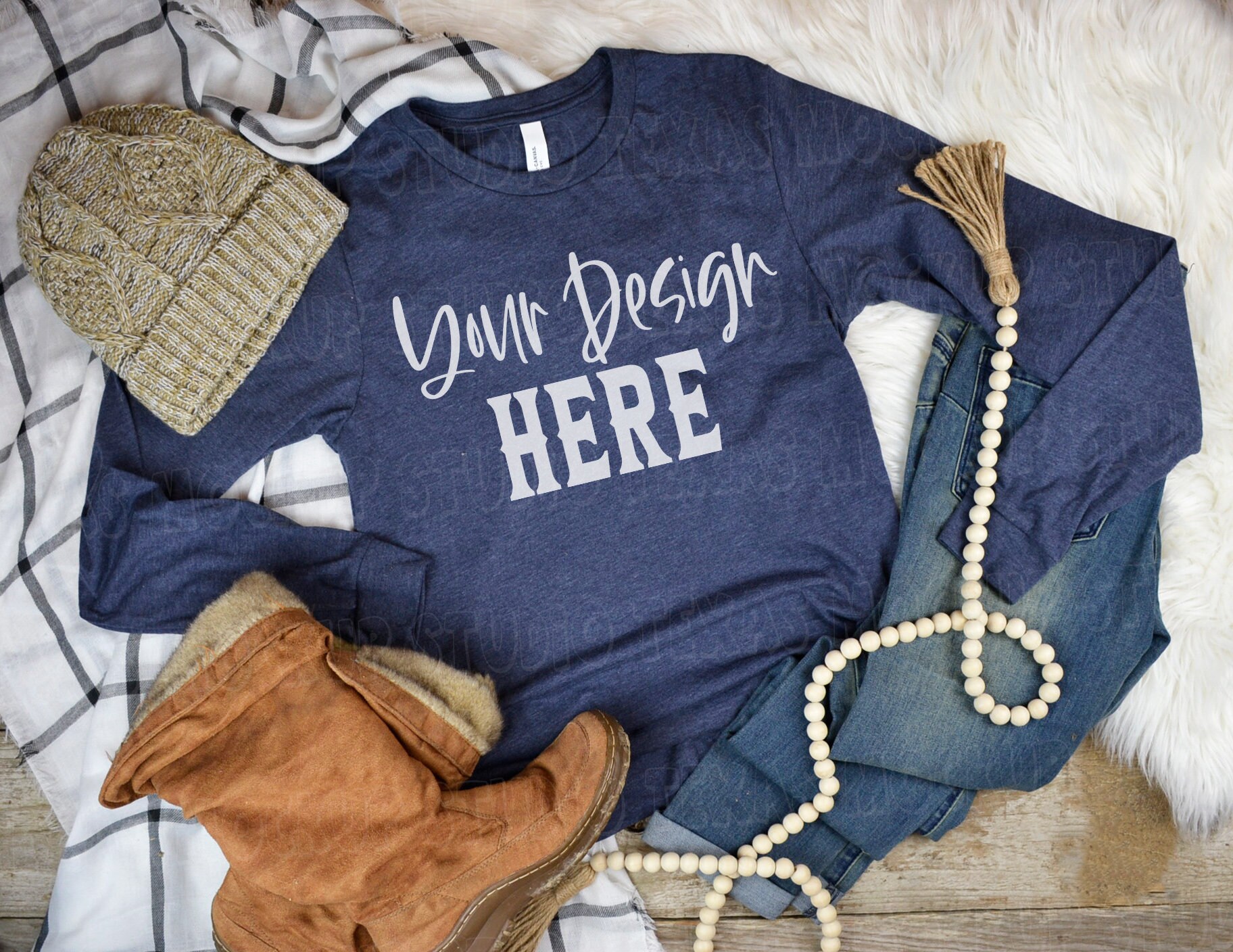 3501 Heather Navy Long Sleeve Mock-up, 3501 Heather Navy Mockup, Long ...