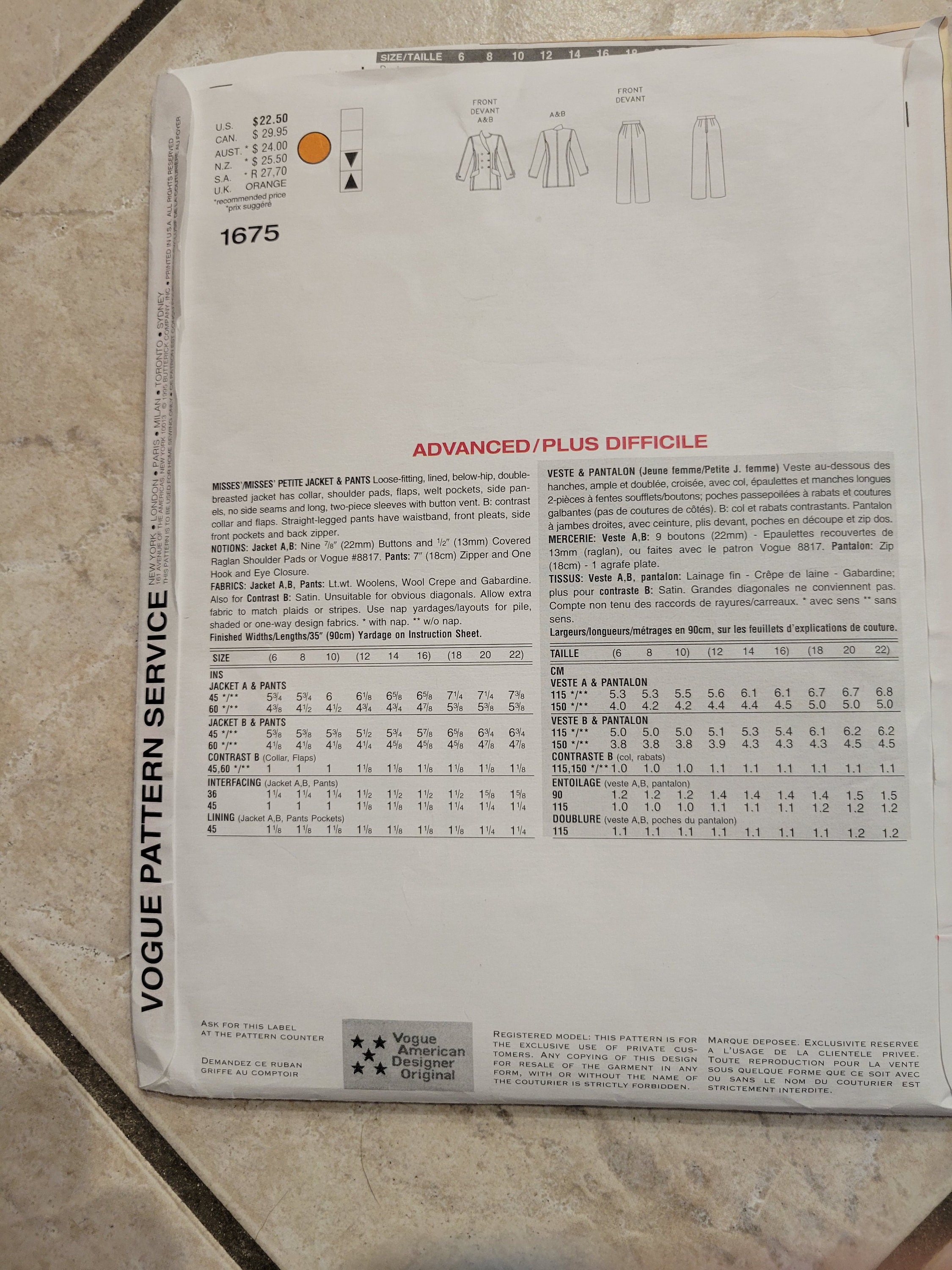 Vogue 1675 American Designer Bill Blass 1995 Suit Pattern Sizes 18, 20 ...