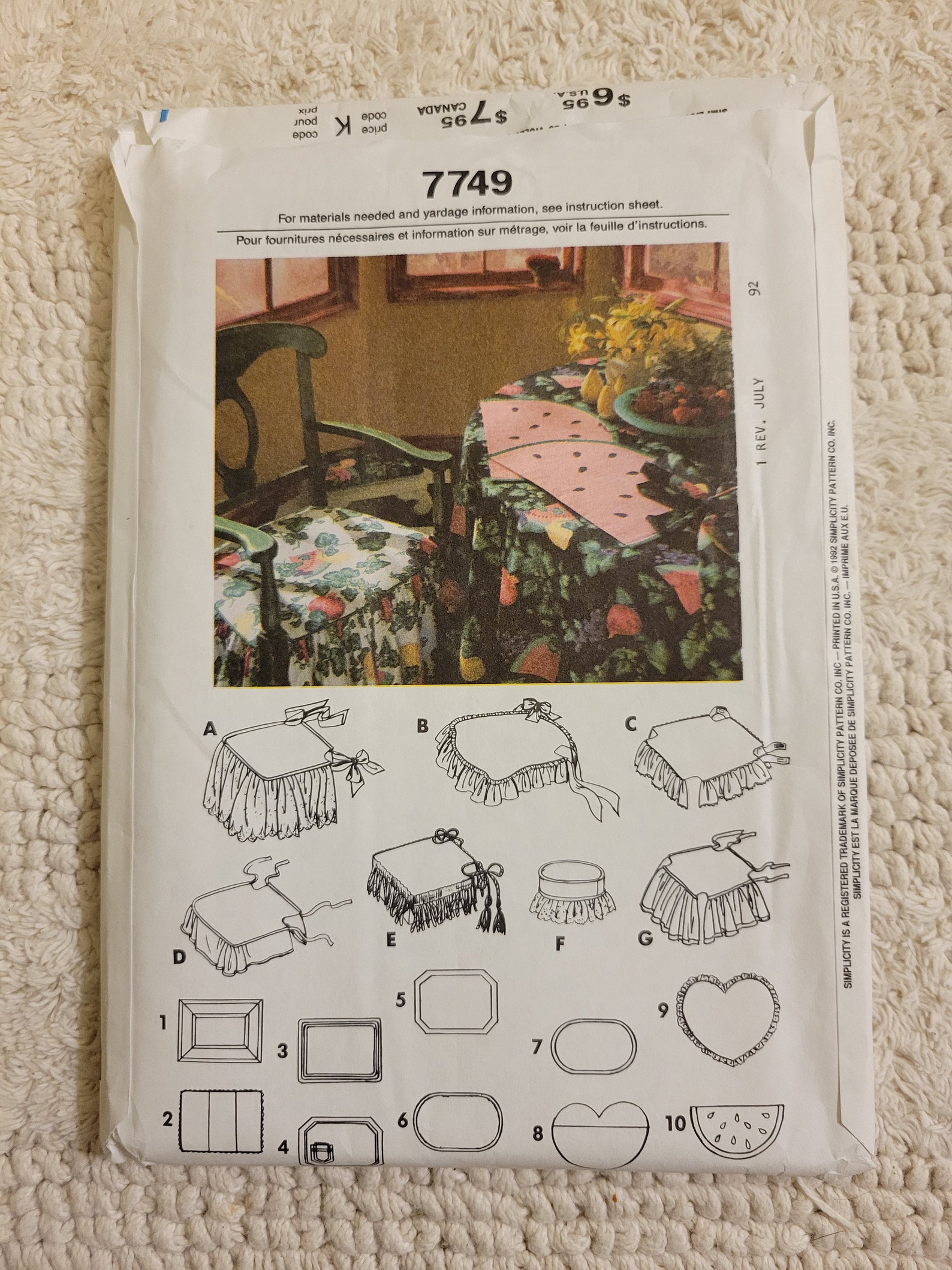 Simplicity 7749 Chair Pads and Placemats Unct Home Decor Pattern - Etsy