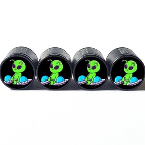 Cartoon Alien Weightlifting Ufo's Tire Valve Caps - Black Aluminum ...