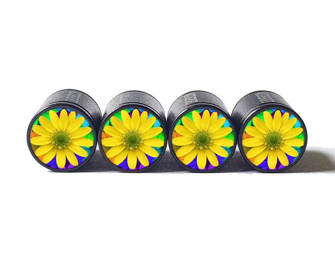 Yellow Daisy Flower Tire Valve Caps - Black Aluminum - Set of Four - Etsy