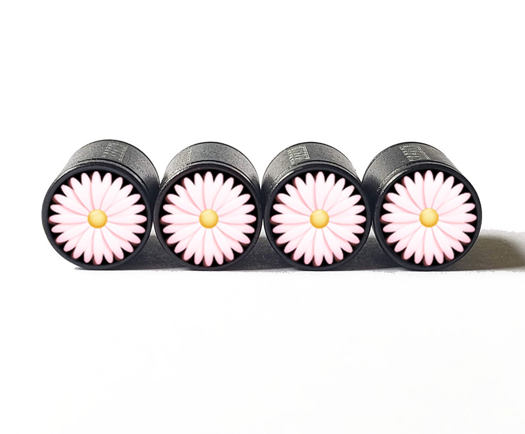 Light Pink Daisy Flower Tire Valve Caps - Black Aluminum - Set of Four ...