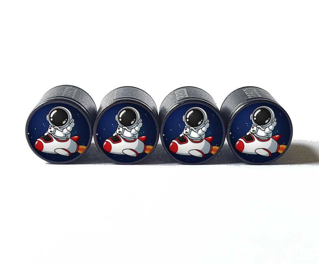 Cartoon Astronaut and Spaceship Tire Valve Caps - Black Aluminum - Set ...