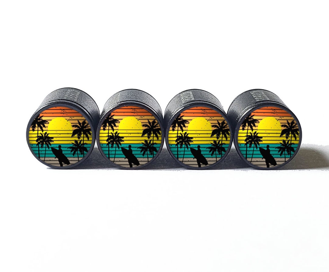 Vintage Surfer and Beach Sunset Tire Valve Caps - Black Aluminum - Set ...