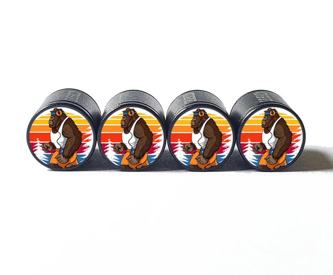 Bigfoot Sasquatch Working Out Tire Valve Caps - Black Aluminum - Set of ...