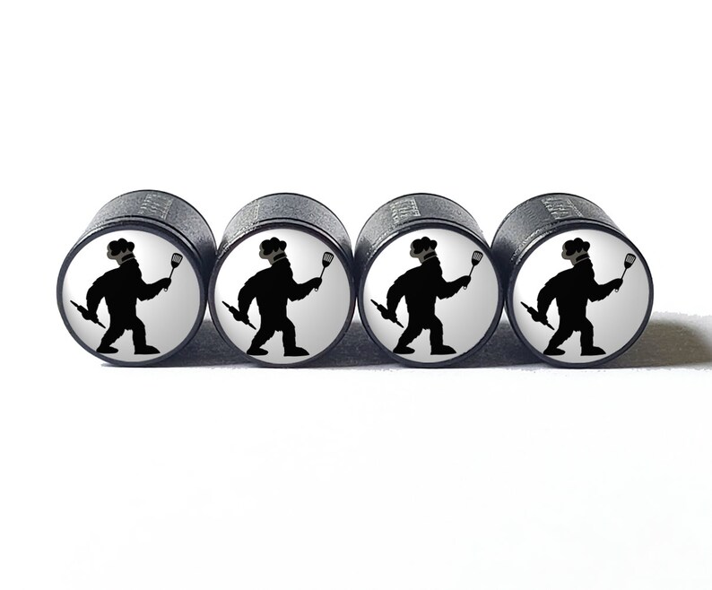 Bigfoot Sasquatch Chef Cooking Tire Valve Caps - Black Aluminum - Set ...