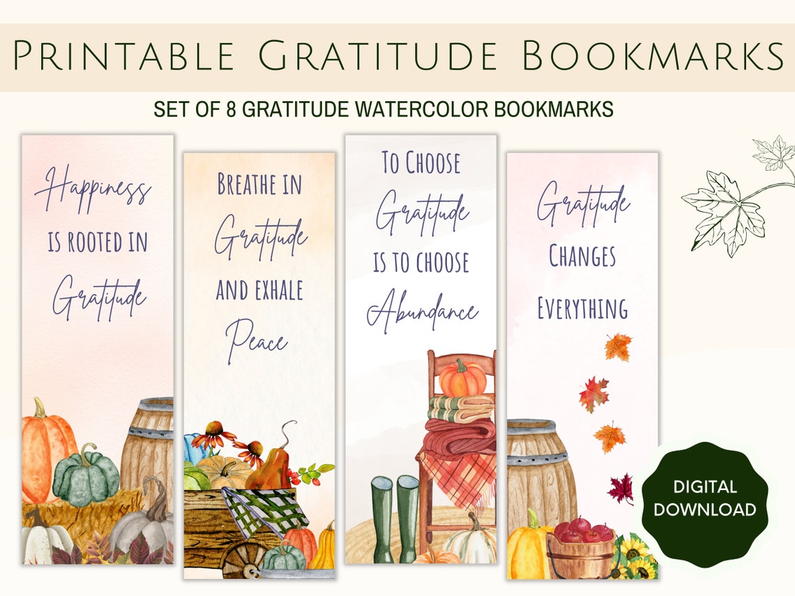 Printable Bookmarks, Gratitude Bookmark Set, Book Lover Reading Gifts ...