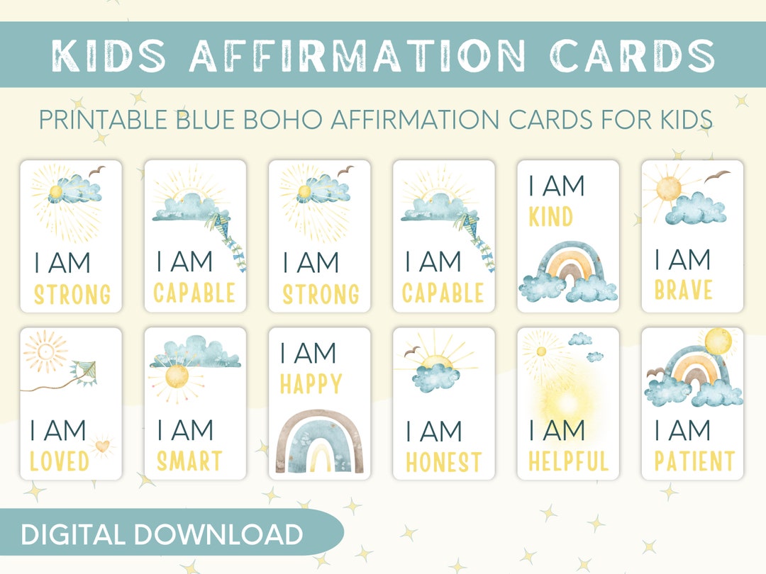 Printable Affirmation Cards for Kids, Blue Boho, Kids Affirmation Cards ...