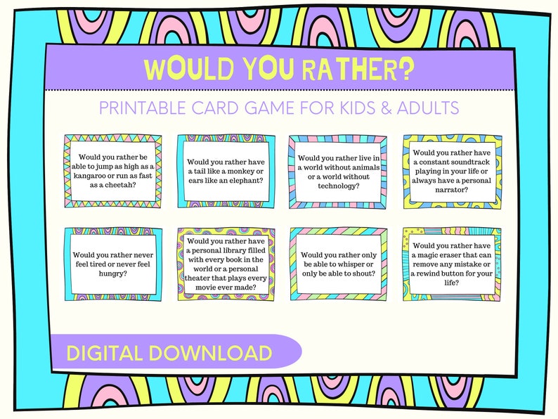Would You Rather Printable Game for Kids, Teens, Adults, Road Trip ...
