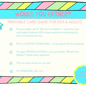 Would You Rather Printable Game for Kids, Teens, Adults, Road Trip ...