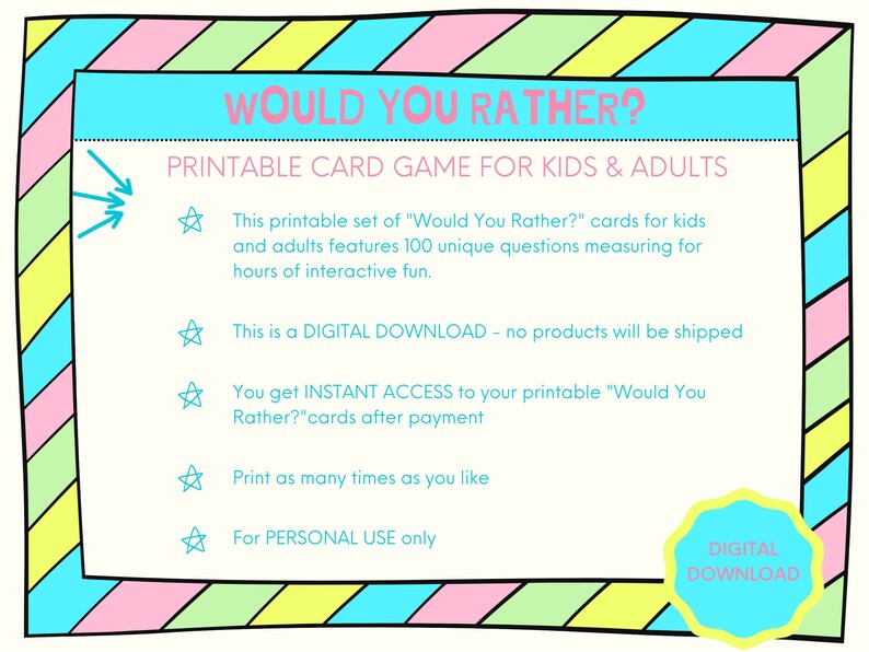 Would You Rather Printable Game for Kids, Teens, Adults, Road Trip ...