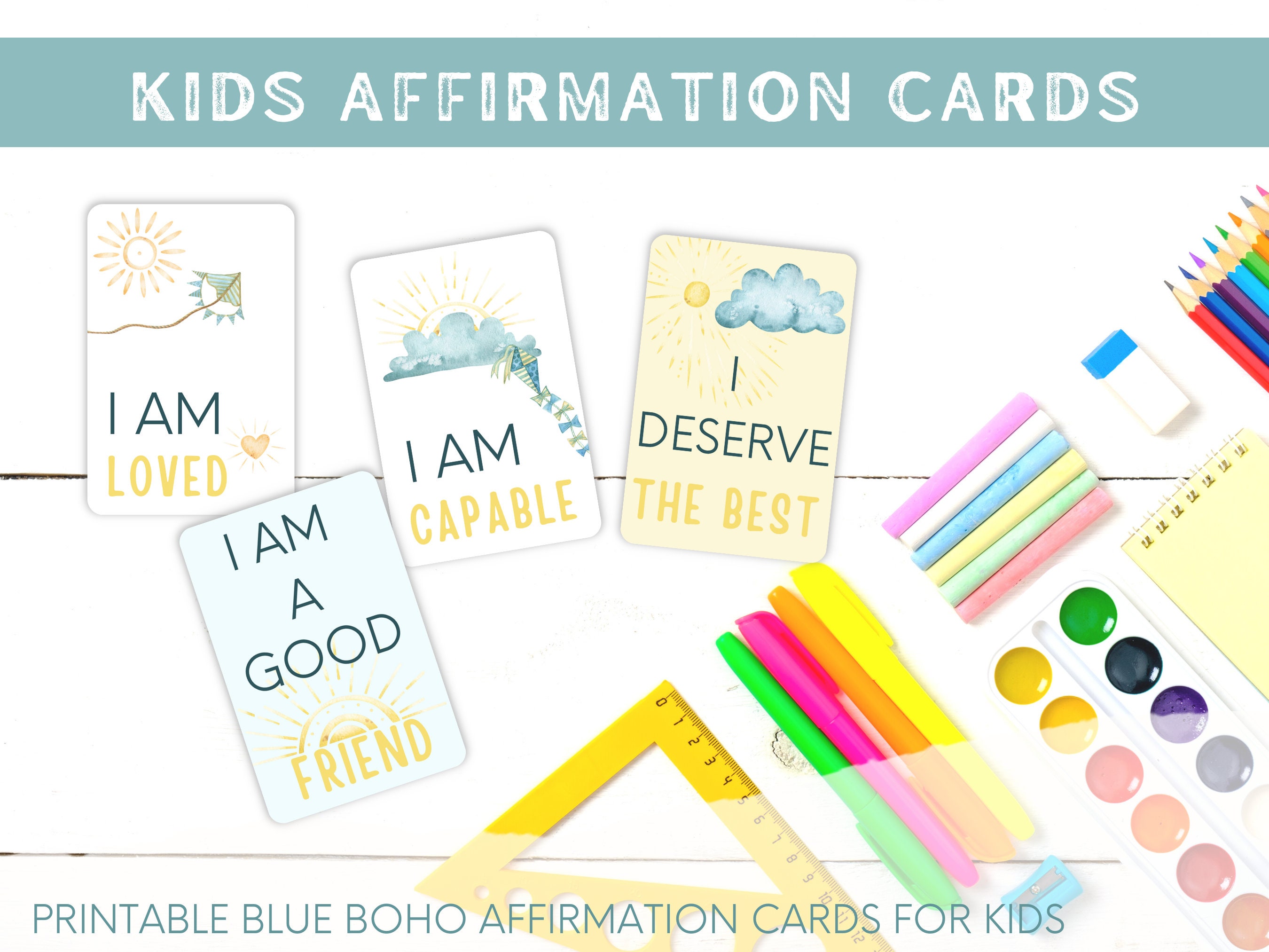 Printable Affirmation Cards for Kids, Blue Boho, Kids Affirmation Cards ...