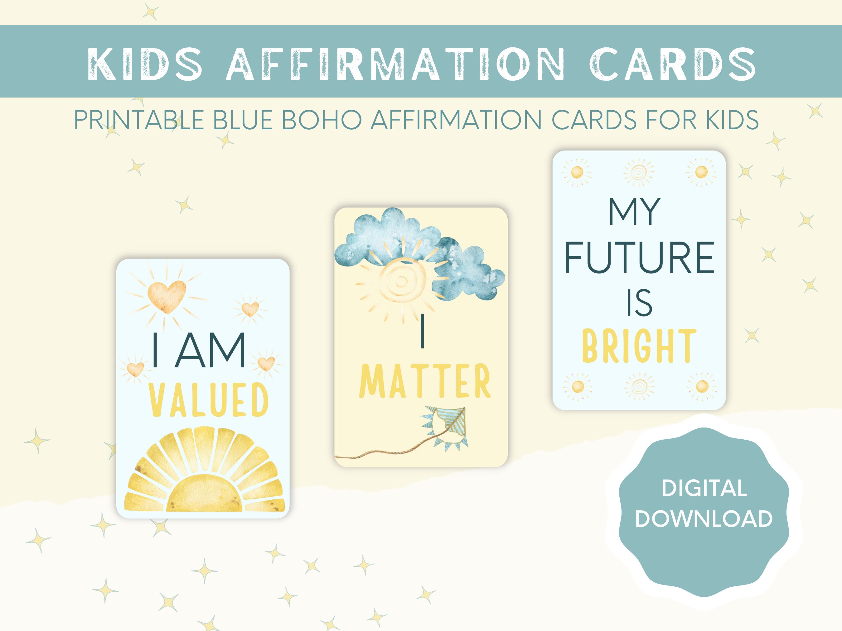 Printable Affirmation Cards for Kids, Blue Boho, Kids Affirmation Cards ...