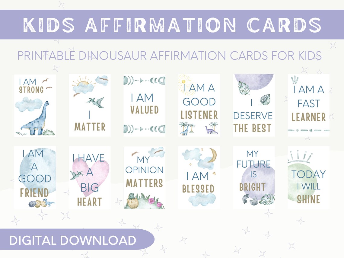 Printable Affirmation Cards for Kids, Dinosaur, Kids Affirmation Cards ...