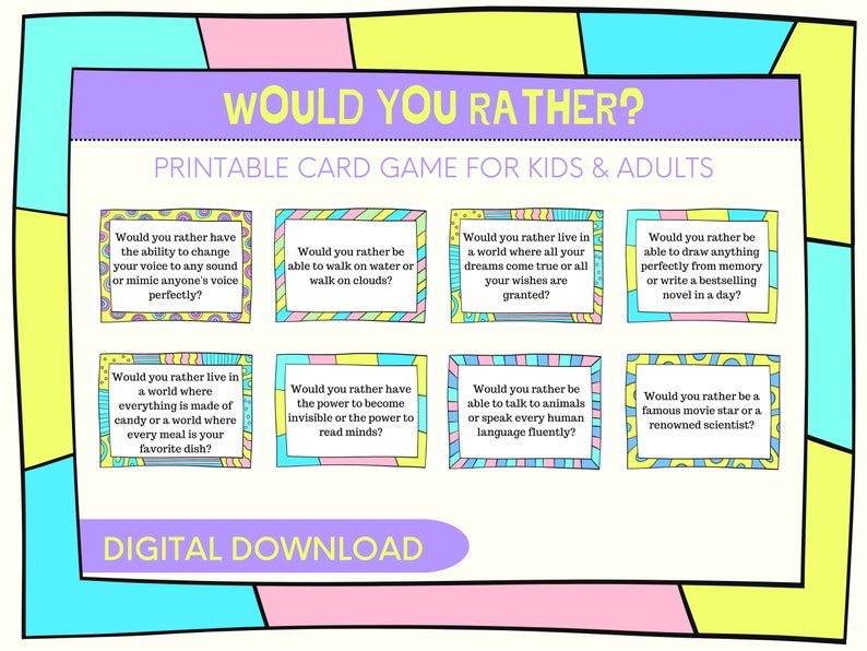 Would You Rather Printable Game for Kids, Teens, Adults, Road Trip ...