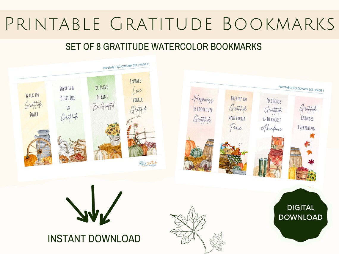 Printable Bookmarks, Gratitude Bookmark Set, Book Lover Reading Gifts ...