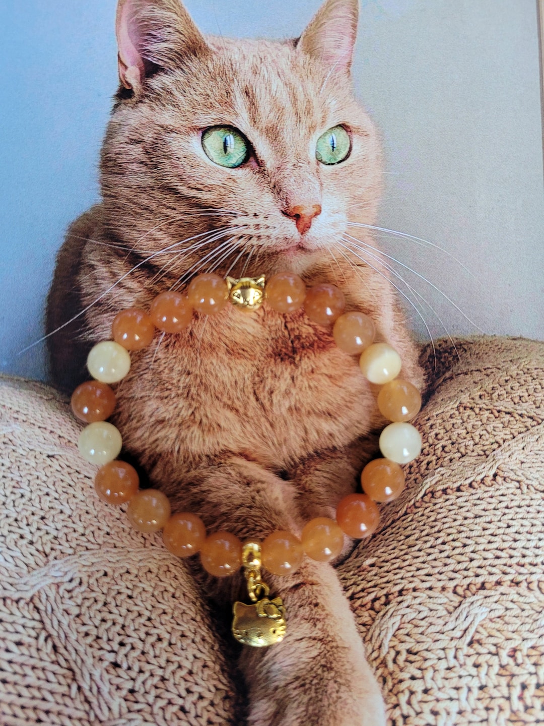 Orange Kitty Cat Bracelet With Gold Hello Kitty Charm, Orange Tabby Cat ...