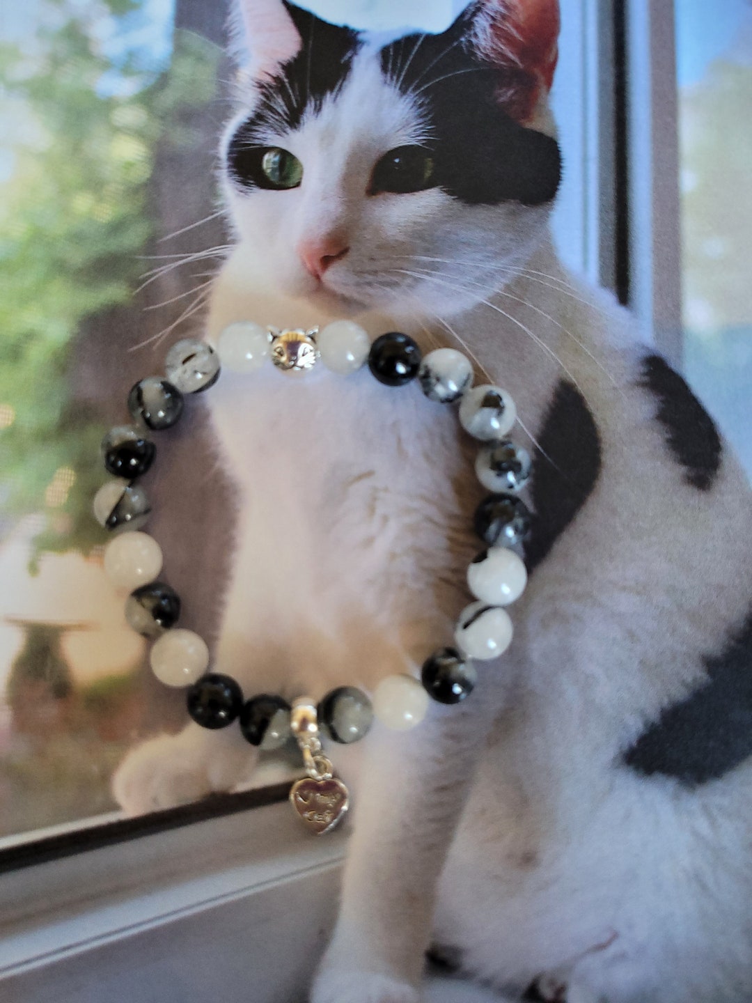 White & Black Cat Bracelet With Charms, Cat Bracelet, Kitty Bracelet ...