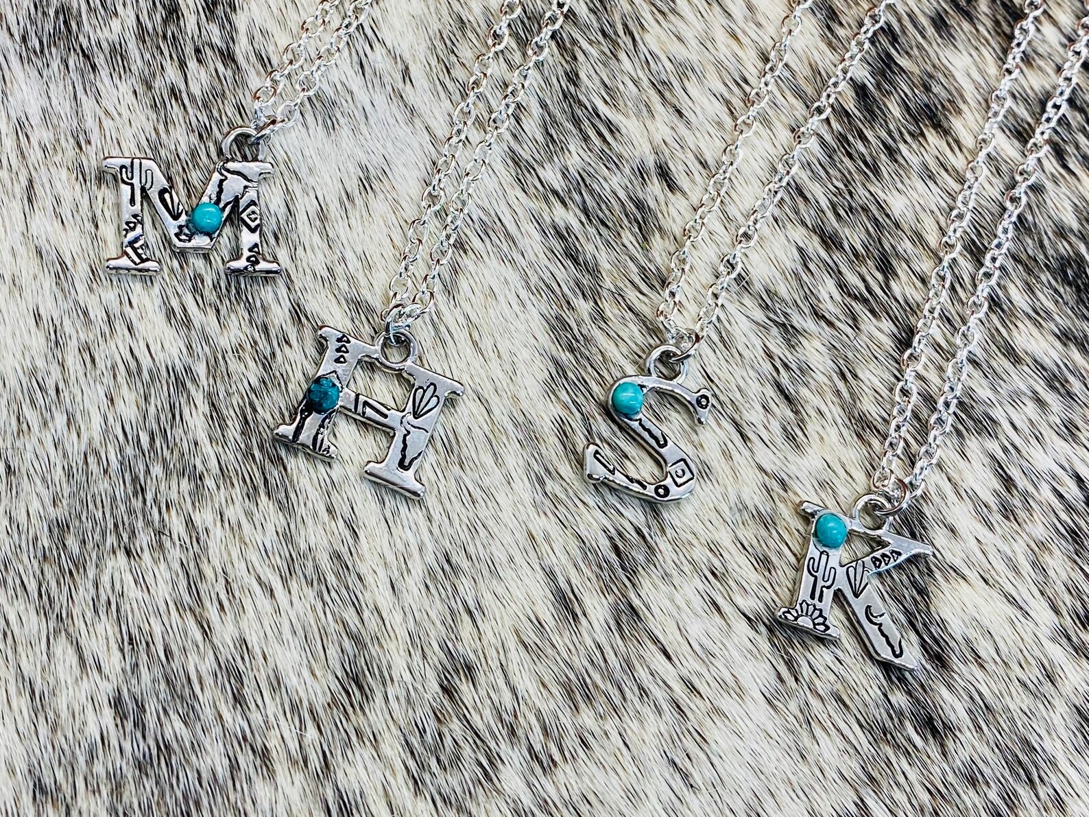 Turquoise Silver Initial Stamped Necklace Western Country | Etsy