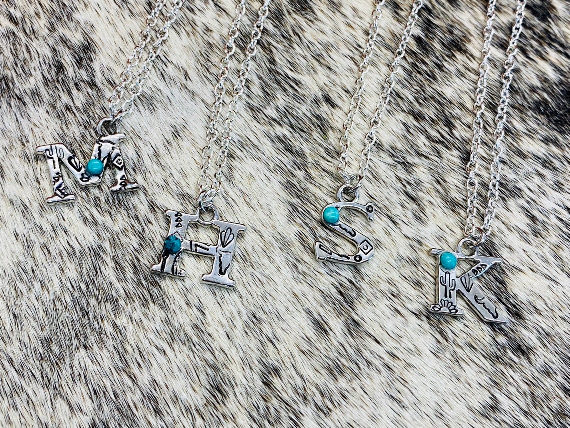Turquoise Silver Initial Stamped Necklace Western Country | Etsy
