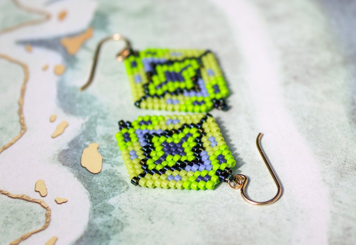 Green and Blue Brick Stitch Geometric Danglers - Etsy