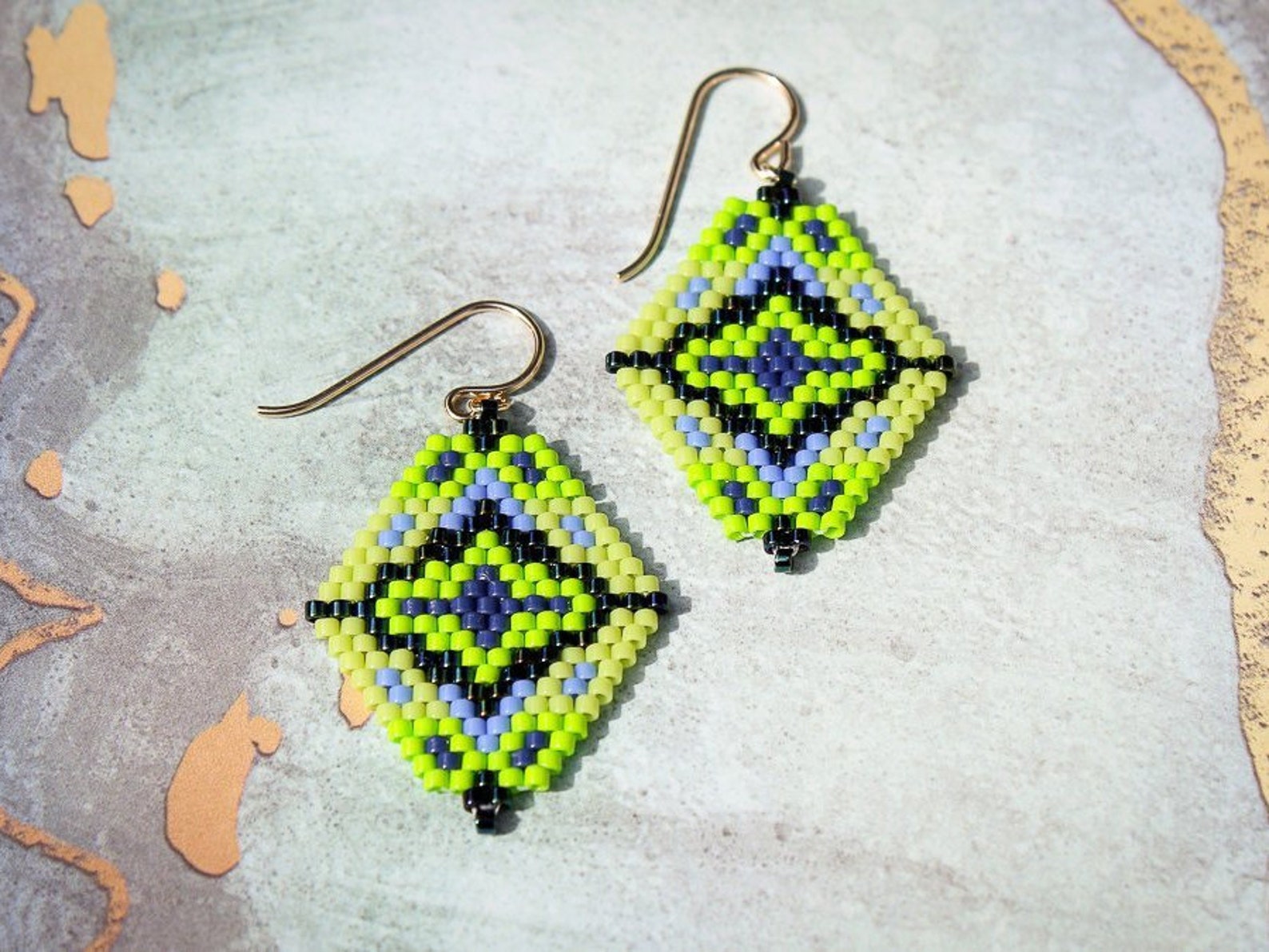 Green and Blue Brick Stitch Geometric Danglers - Etsy