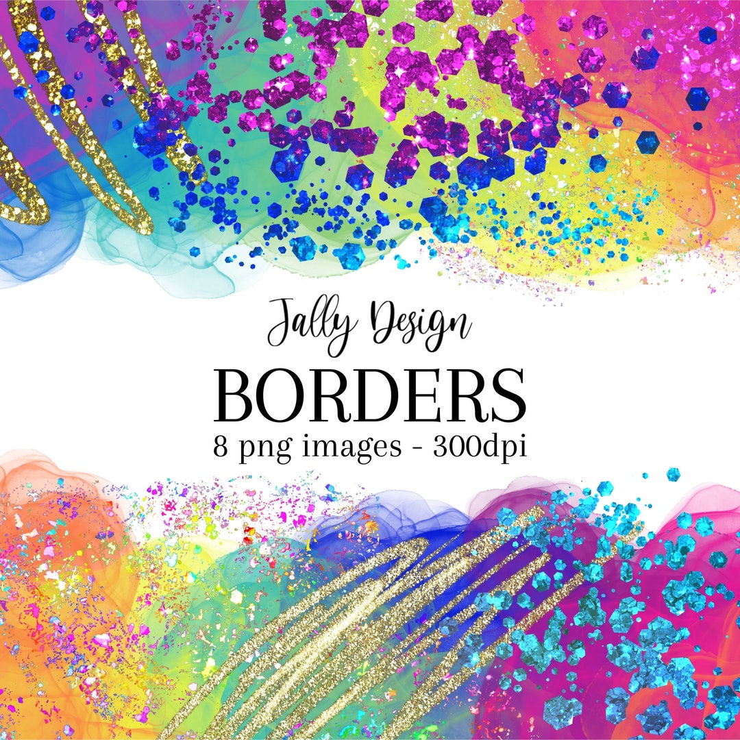Vivid Rainbow Colors Border Collection. Colorful Alcohol Ink and Shiny ...