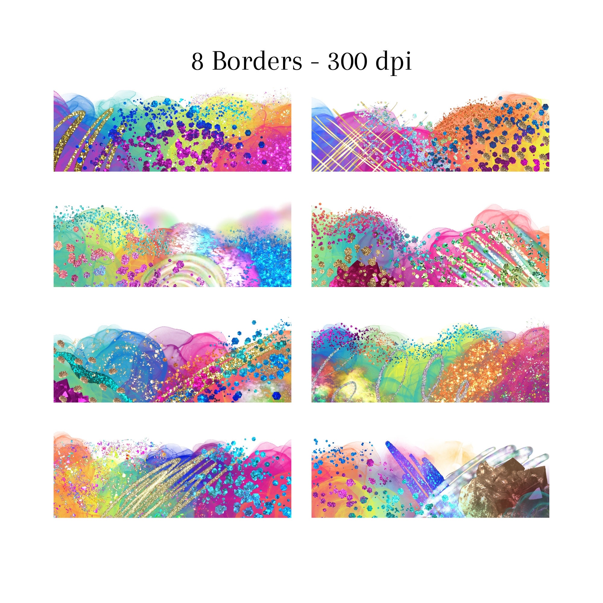 Vivid Rainbow Colors Border Collection. Colorful Alcohol Ink and Shiny ...