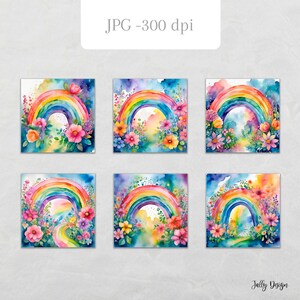 Watercolor Rainbow and Colorful Spring Flowers Digital Paper ...