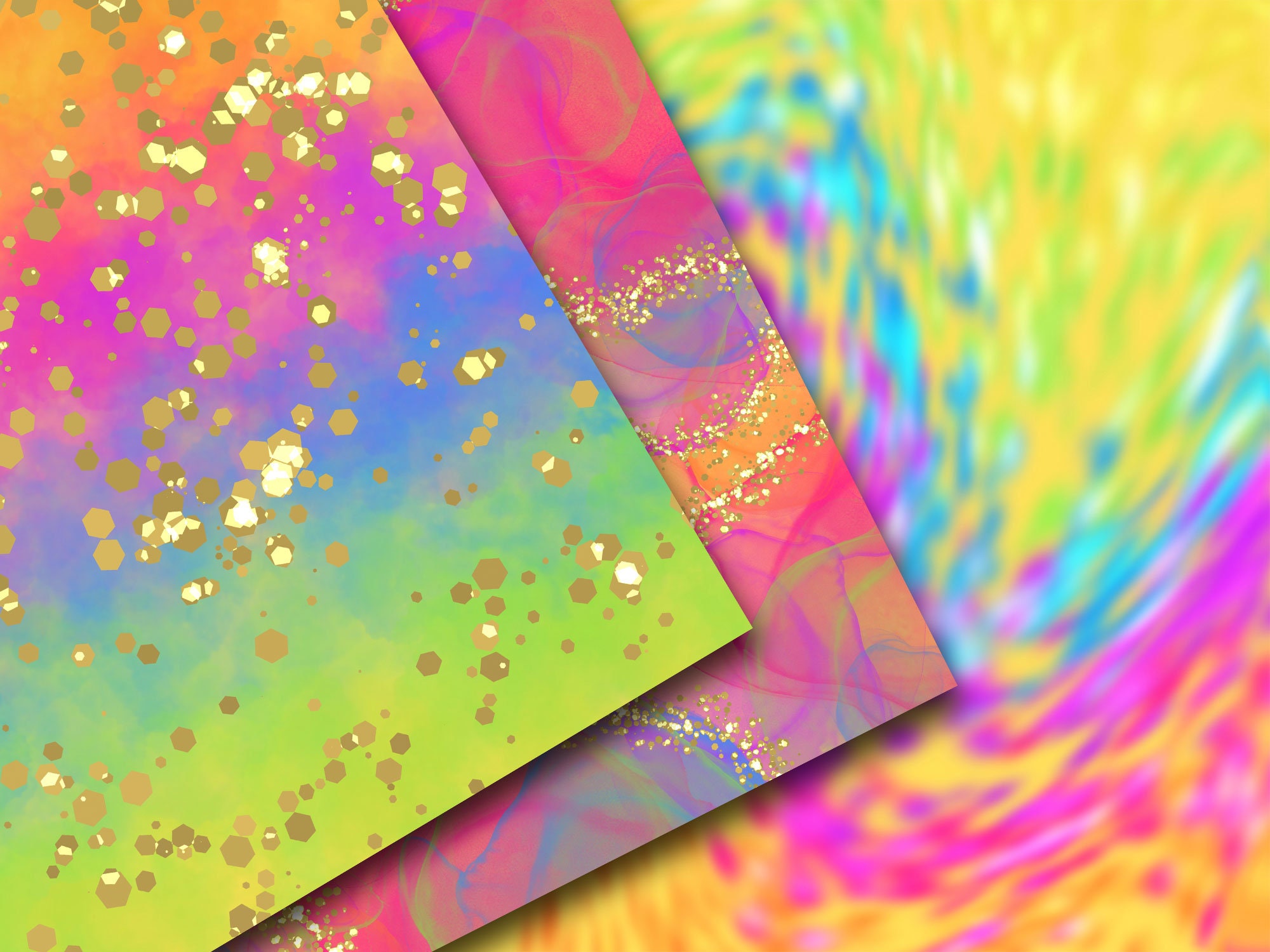 Neon Rainbow and Golden Glitter Digital Paper Collection | Etsy