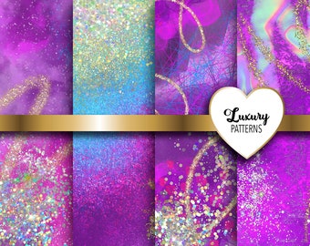 Neon Rainbow and Golden Glitter Digital Paper Collection | Etsy