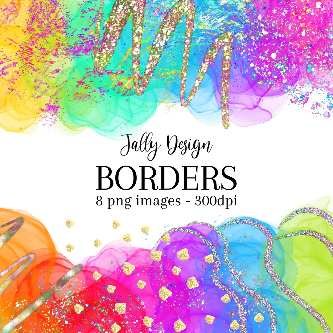 Vibrant Rainbow Border Collection. Colorful Alcohol Ink and Shiny ...