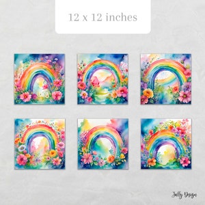 Watercolor Rainbow and Colorful Spring Flowers Digital Paper ...